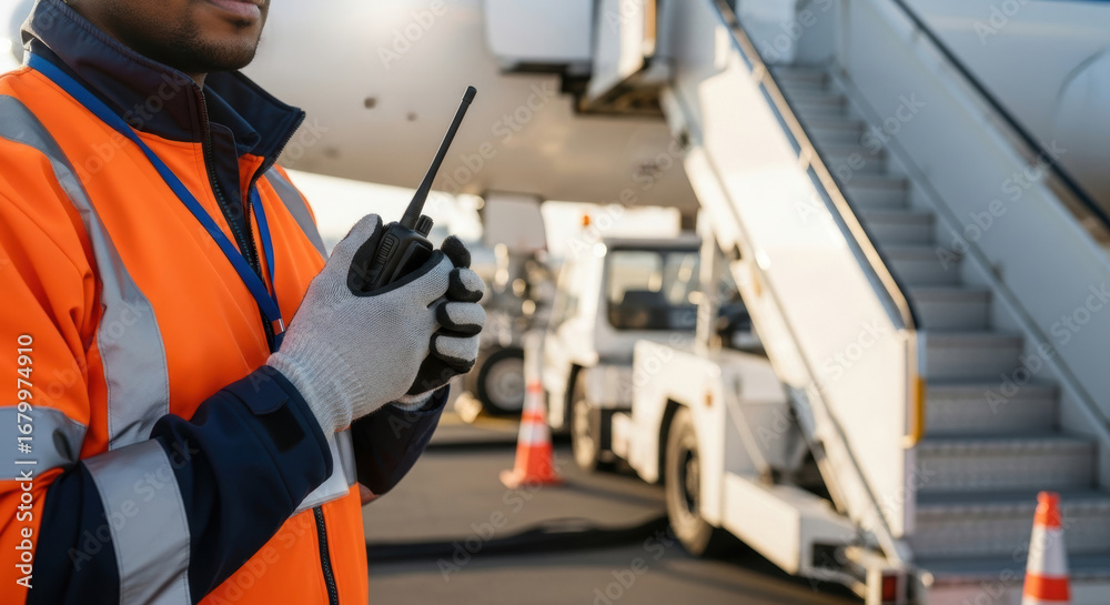 Airport ground crew in high visibility uniform using walkie talkie near ...
