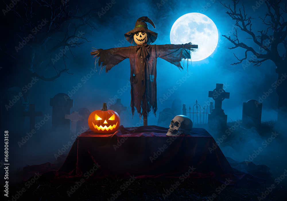 Spooky Halloween scene featuring a scarecrow with a glowing pumpkin ...