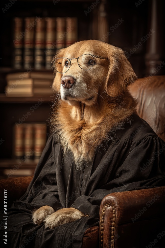 Golden Retriever Dressed as Judge in Courtroom Setting, Canine Legal ...