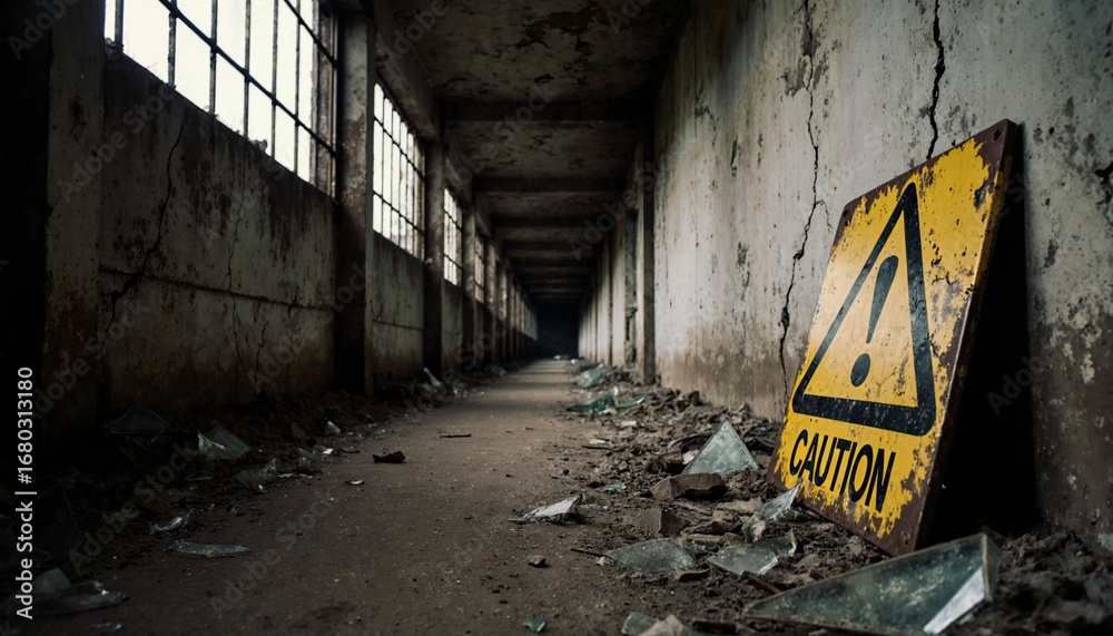 A chilling warning sign in a dangerous abandoned industrial corridor ...