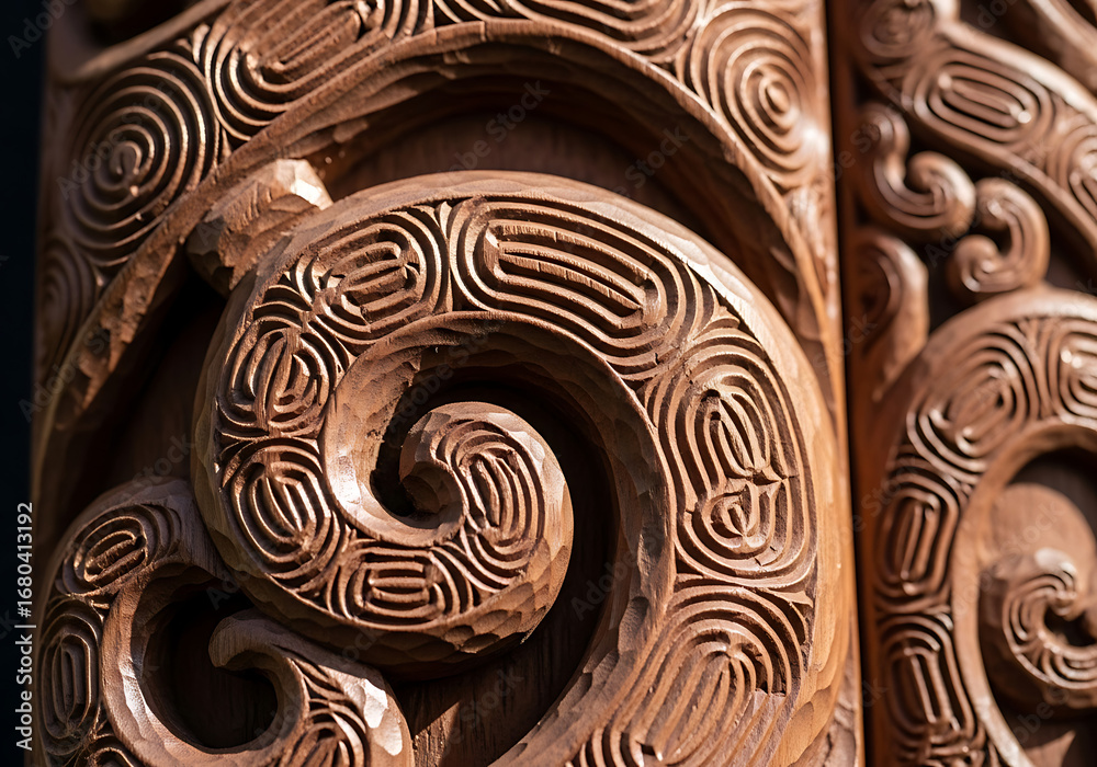 Ornate wooden carving in tight macro, spiraling tribal forms and warm ...