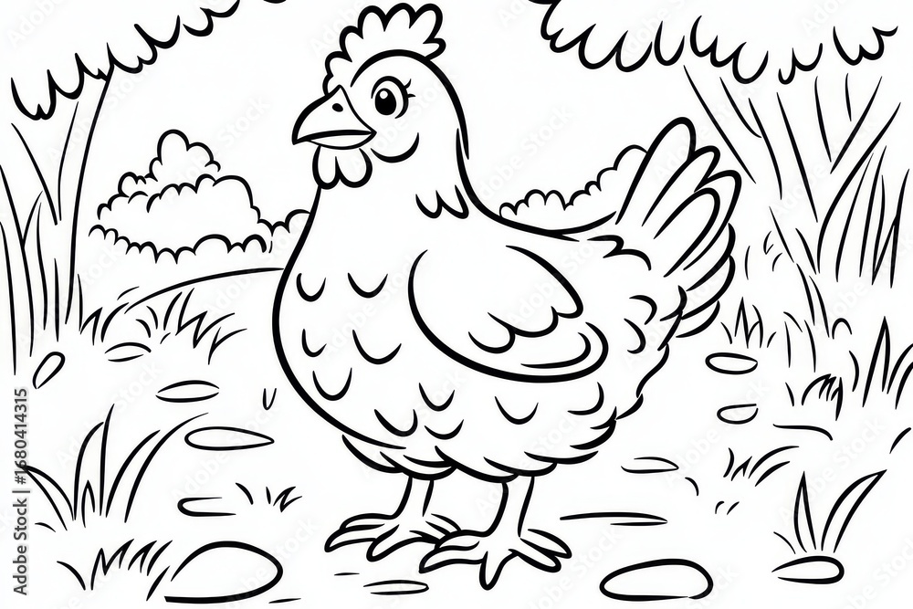 Cute chicken on farm coloring page for kids, simple cartoon line art ...