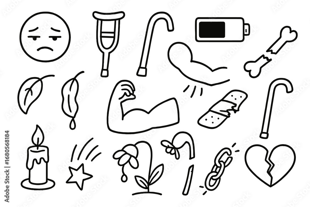 Symbols of Frailty. Hand-drawn doodle illustration physical weakness ...