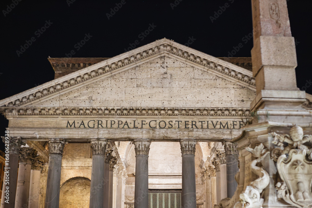 Frontal Night View of the Pantheon in Rome with Latin Inscription ...