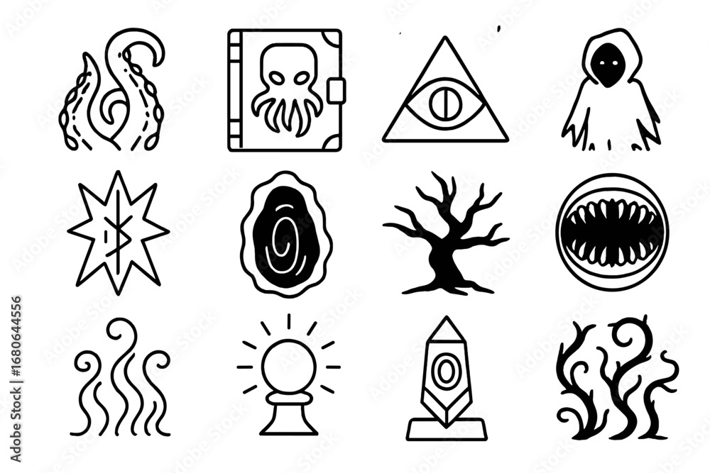 Eldritch Horror Icons. Outline icon set of eldritch horrors: tentacles ...