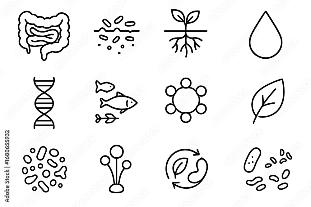 Microbiome Ecosystem Icons. Outline icon set of microbiome ecosystem ...