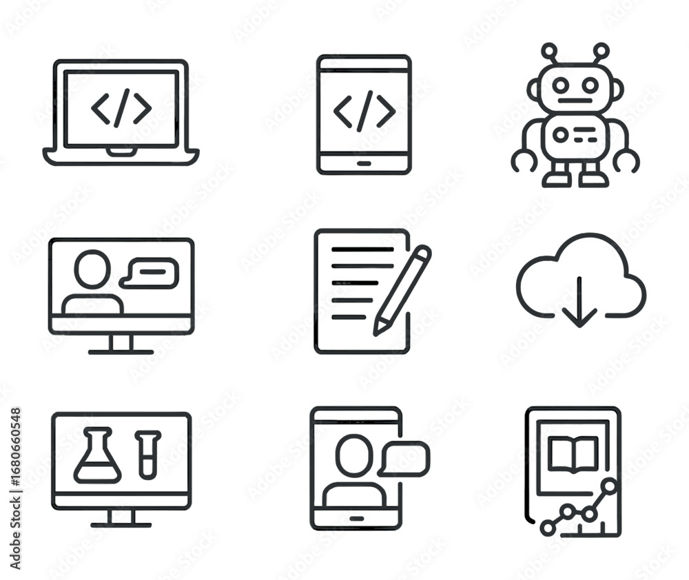 STEM Education Icons. Outline icon set of Coding and STEM education ...