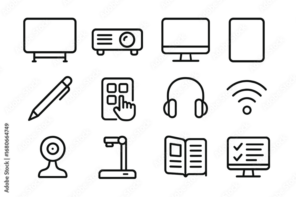 Classroom Tech Icons. Outline icon set of Classroom technology ...