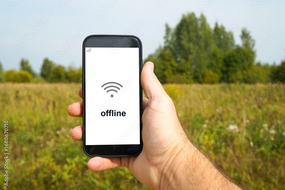 No internet connection in countryside, smartphone showing offline ...