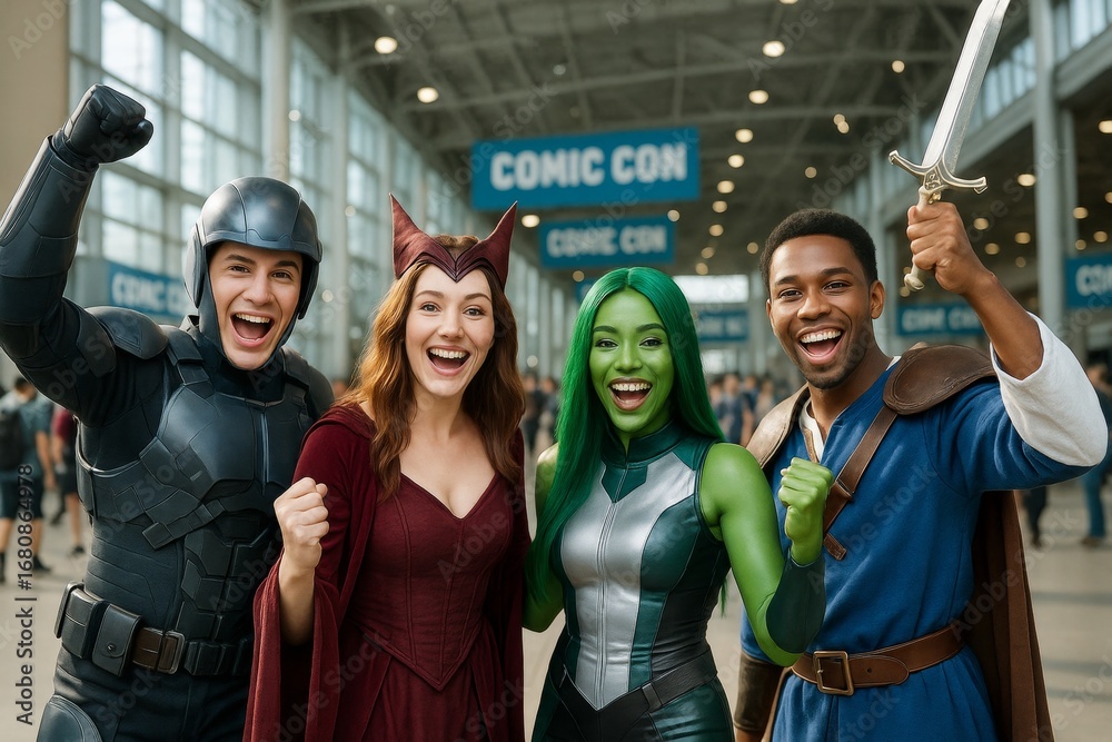 Foto de Stock Group of happy cosplayers in colorful costumes at Comic ...