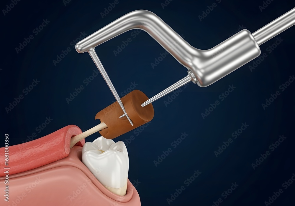 Dental procedure illustration showing a tooth, gum, and a dental dam ...