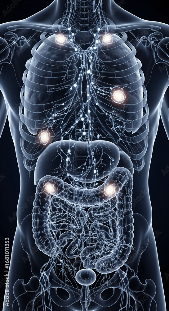 Detailed medical illustration of the human lymphatic system, showing ...