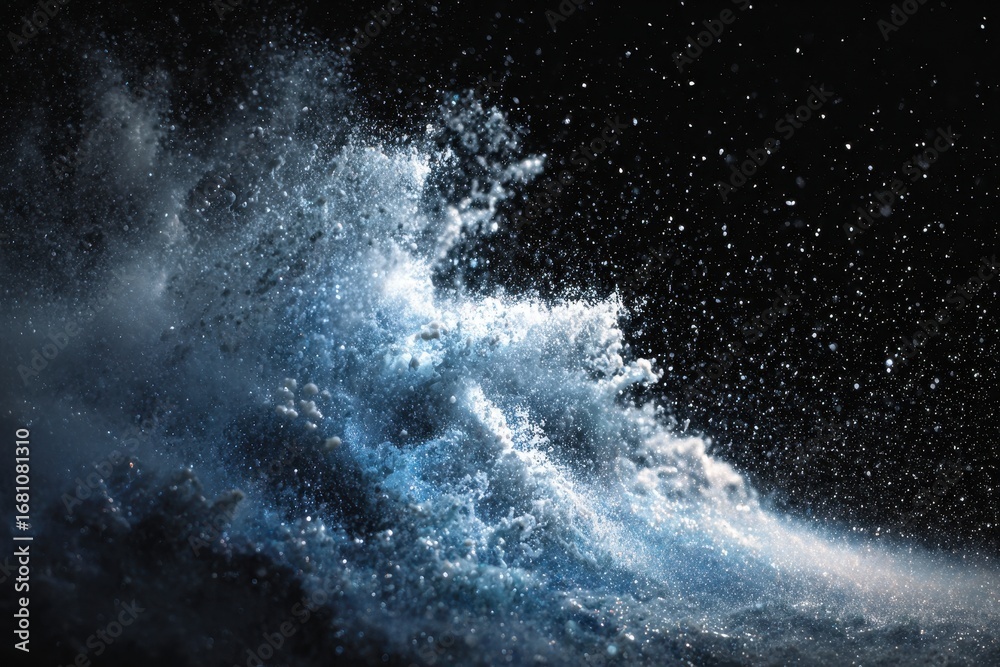 Splashing blue water on black frozen white particles rain and snow ...