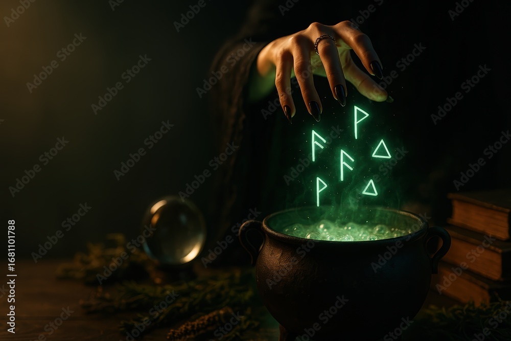 mysterious hand casting spells over bubbling cauldron in dark room with ...