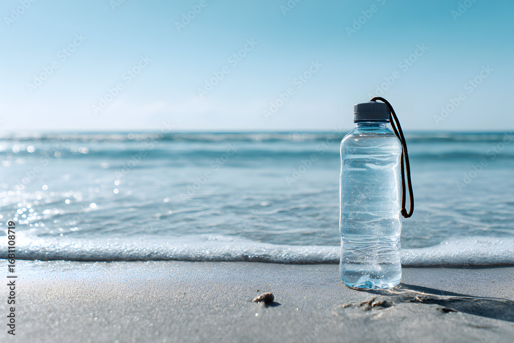 Water bottle sits on sandy beach near ocean waves on bright sunny day ...