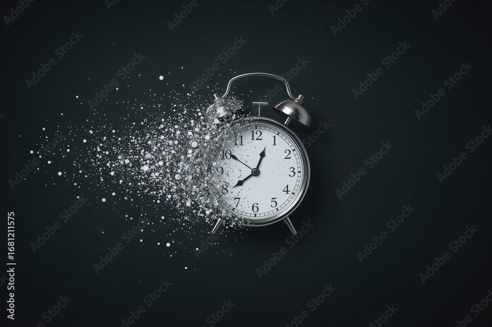Concept of time slipping away illustrated by a clock breaking into tiny ...