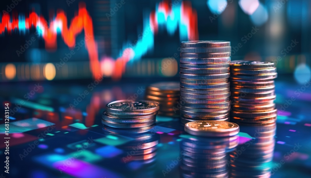 Stock Market Candlestick Chart Double Exposure With Coins And Currency ...