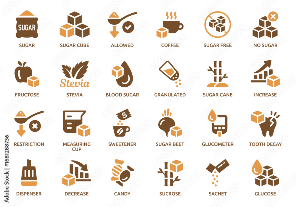 Sugar and Sweeteners Icon Set. Glucose, Fructose, Stevia, Sugar Free ...