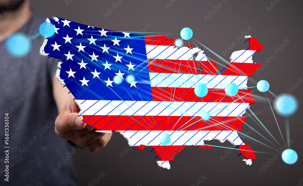 High-quality image of a digital map of the USA showing network ...