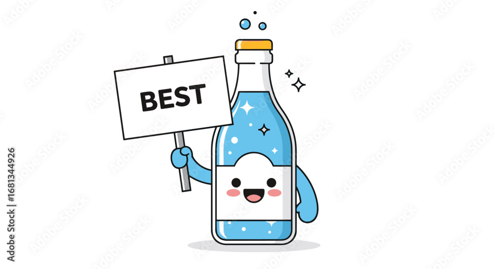 This happy sparkling water bottle character holds a sign announcing it ...