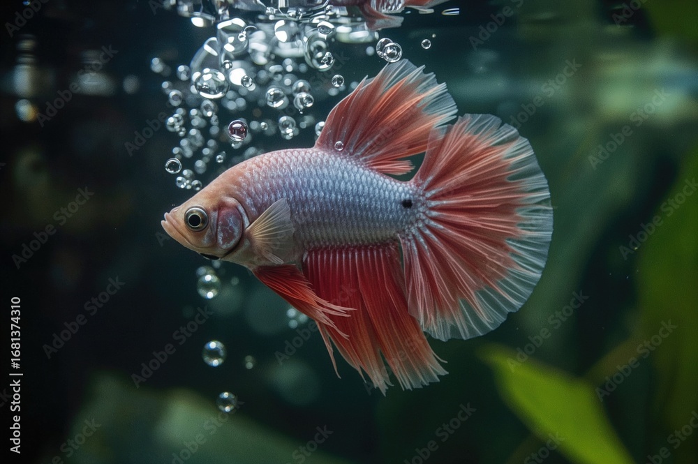 Blurred Betta Fish forming a bubble nest in freshwater environment ...