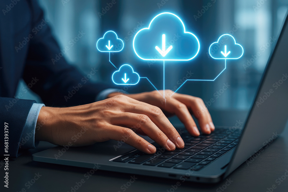 Hands Using Laptop with Cloud Icons Showing Download Functionality and Data Transfer cloud ...