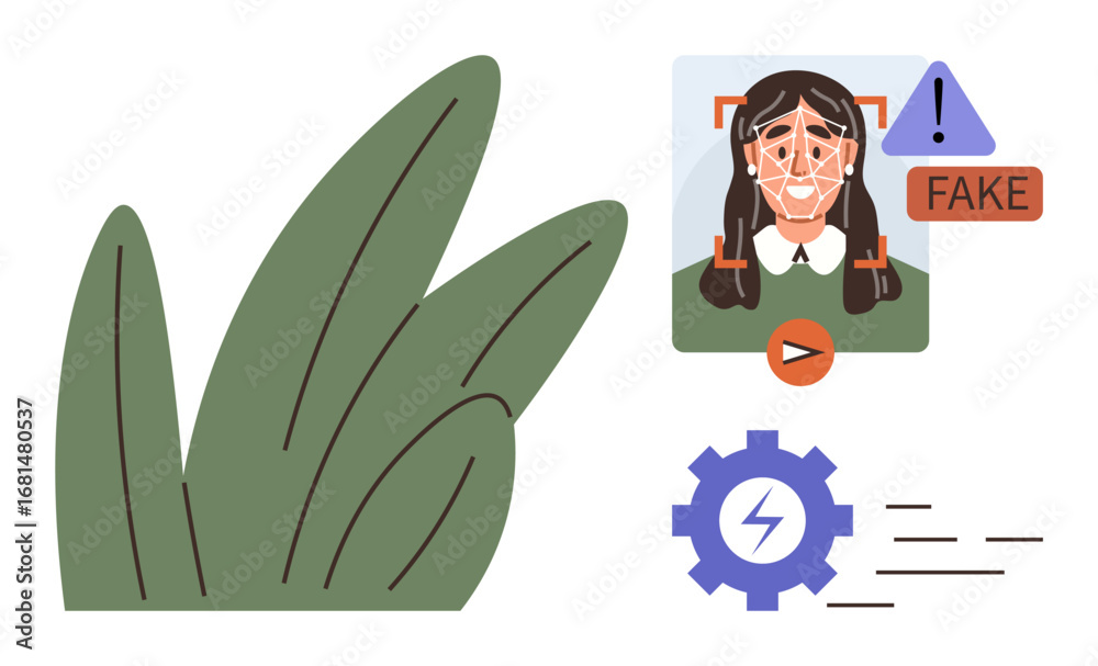 Face scan technology flags fake content with warning symbol and gears ...