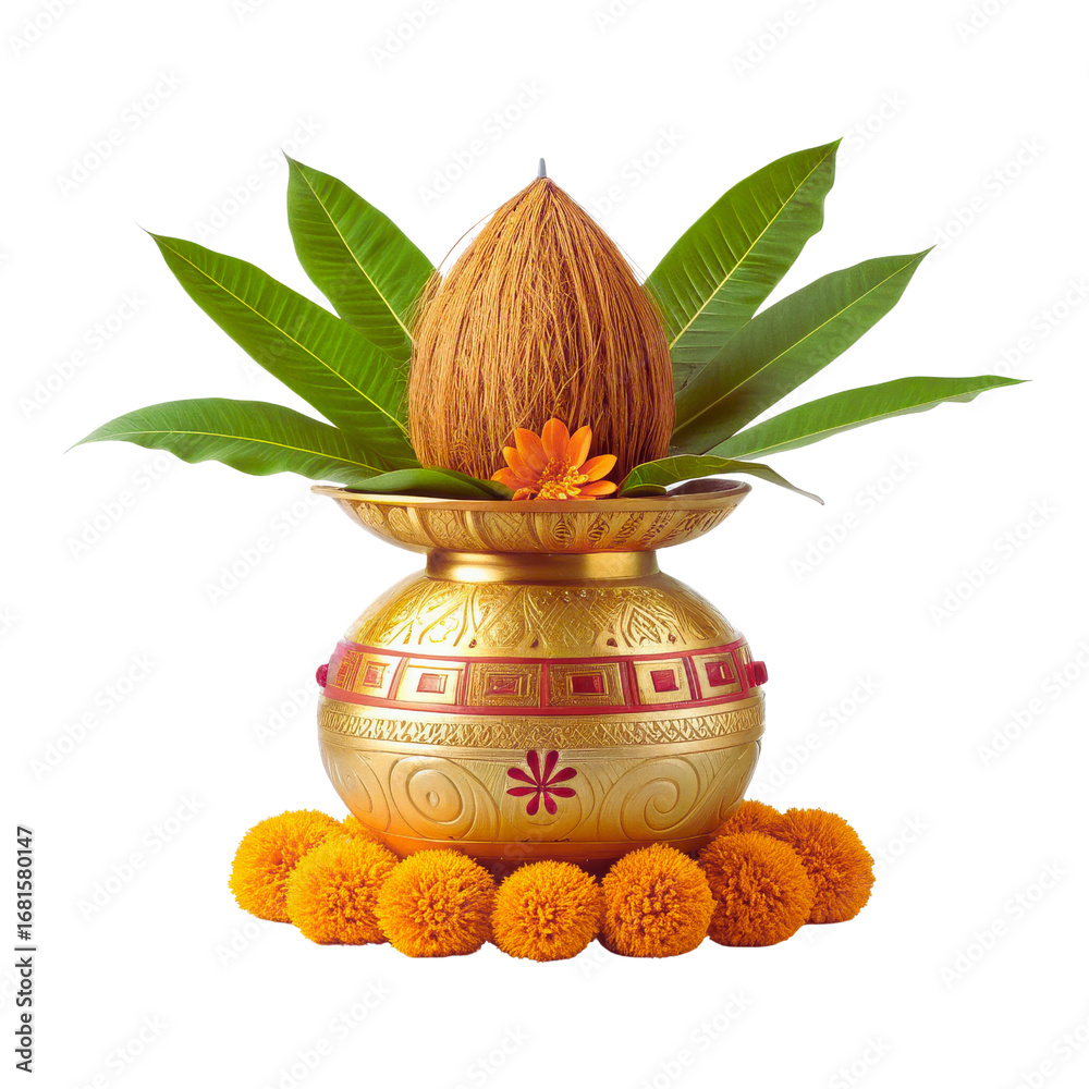 Golden kalash with coconut and mango leaves for traditional indian puja ...