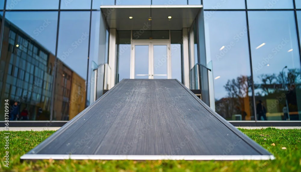 Modern building entrance with accessible wheelchair ramp and glass ...