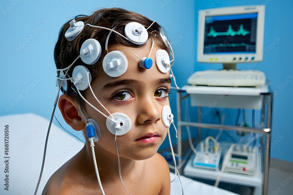 Child undergoing electroencephalogram test with electrodes attached to ...