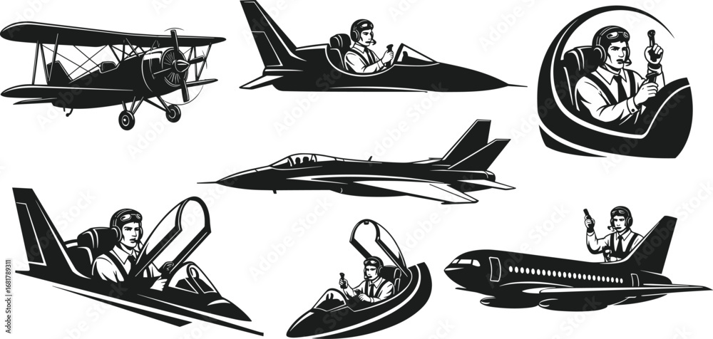Pilot silhouettes in cockpits of military jet, vintage biplane, and ...