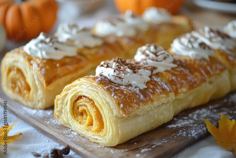 Puff pastry logs filled with spiced pumpkin and topped with cream ...