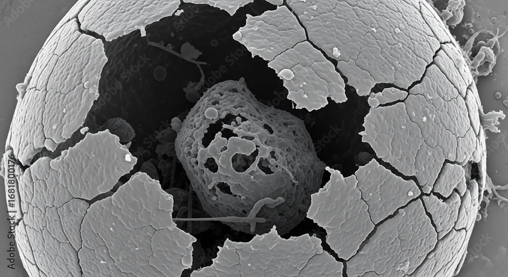 Detailed scanning electron microscope image of a cracked spherical ...