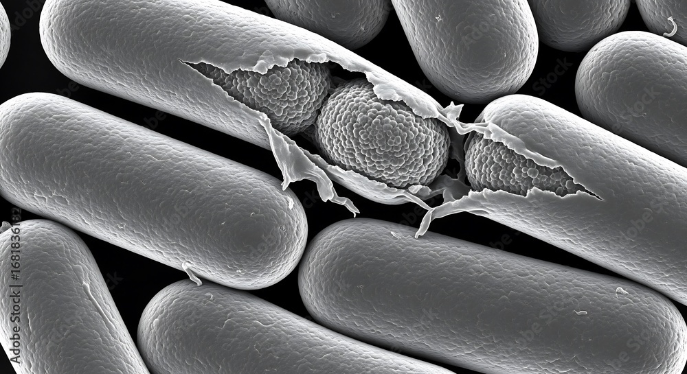 Microscopic view of bacterial cell lysis, a scanning electron ...