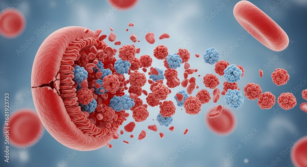 Advanced 3D rendering of a red blood cell disintegrating, releasing ...
