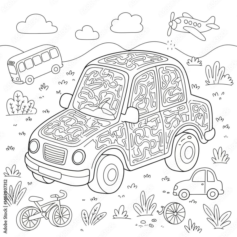 Cute Car Coloring Page – Fun Printable Vehicle Activity for Kids Stock ...