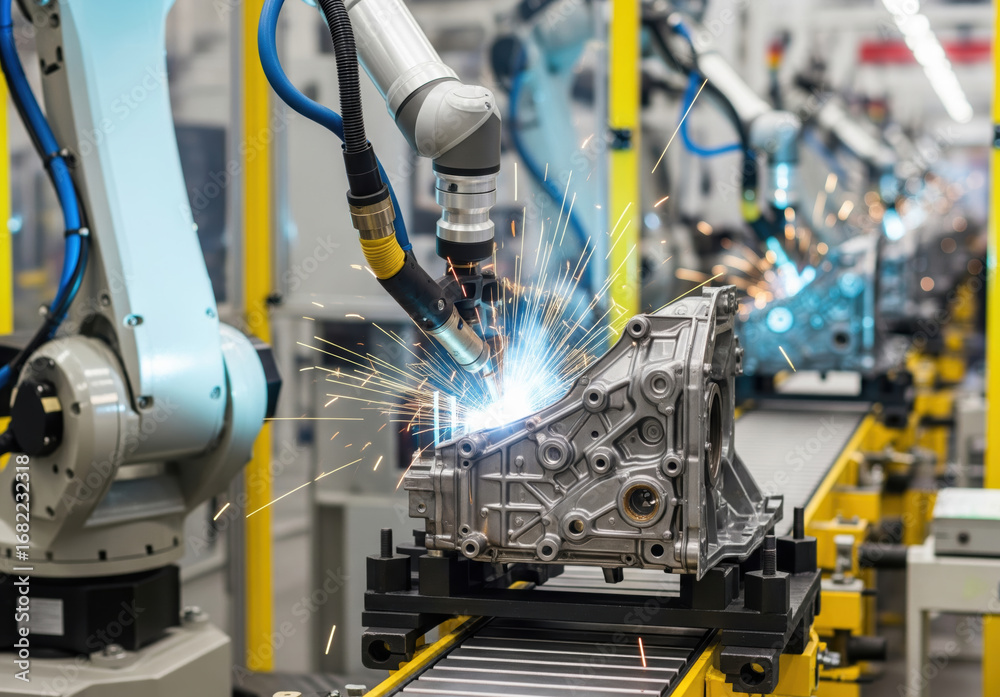 Industrial robotic arm welding metal engine block with bright sparks in ...