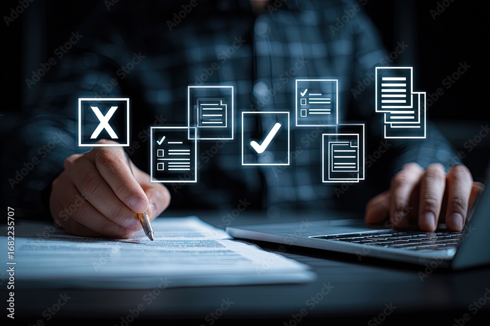 Person reviewing documents with checkboxes and marks Stock Photo ...