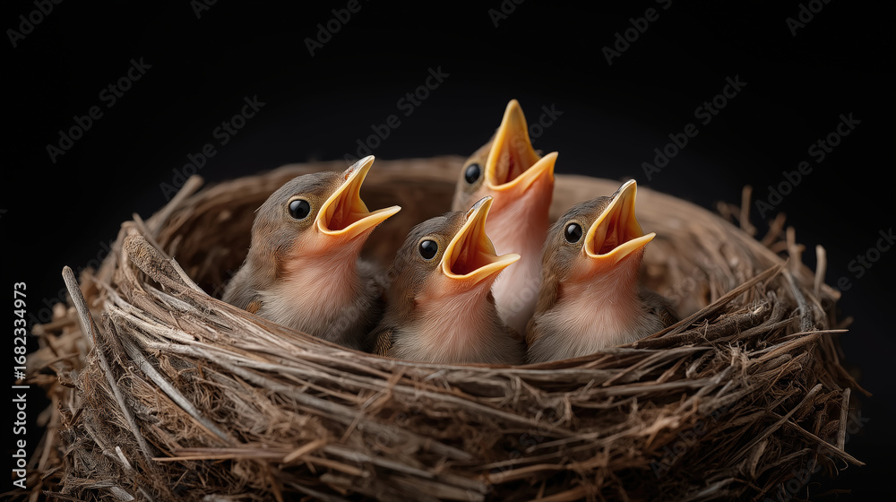Beautiful wildlife scene showcasing a bird's nest with multiple baby ...