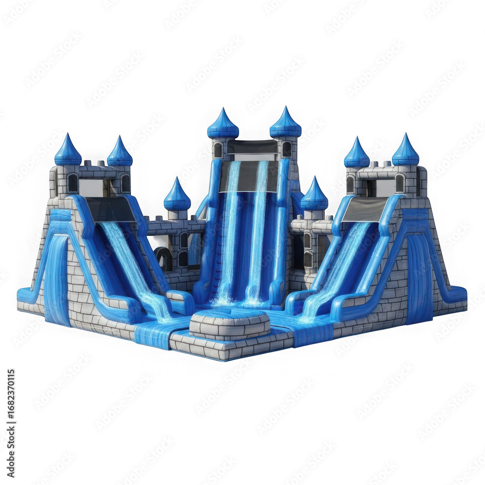 Large blue inflatable water park slide castle isolated on transparent ...