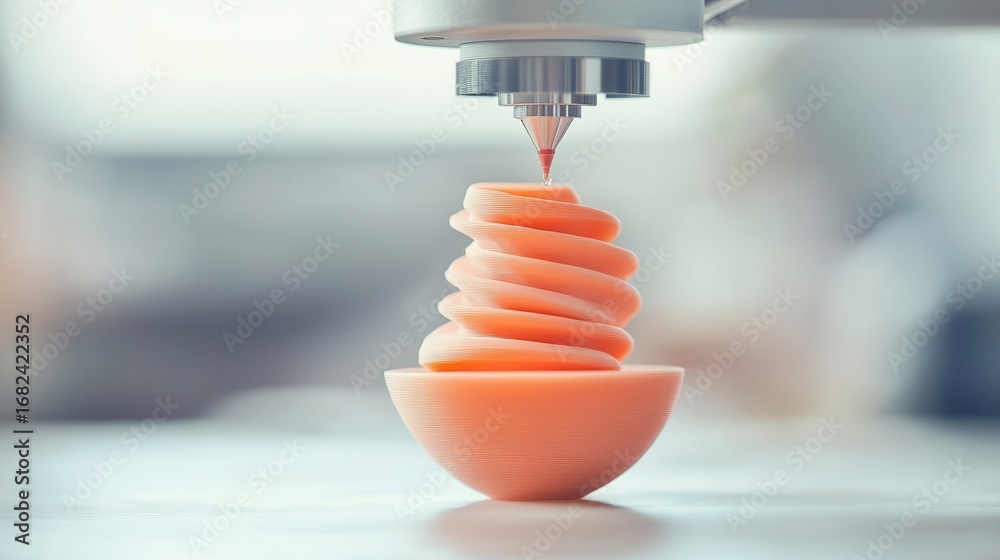 Additive manufacturing process creating an orange spiral shape with ...
