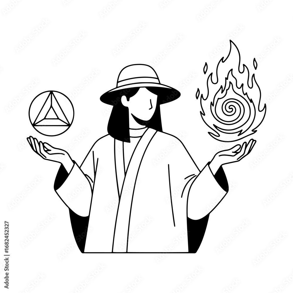 Fantasy wizard character vector illustration, with magic symbols and ...