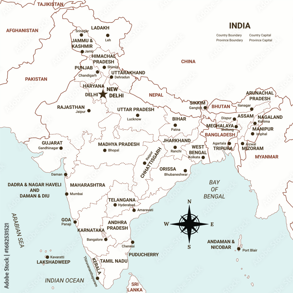 Outline of India Map with Labelled States Name and Capital Star Mark ...