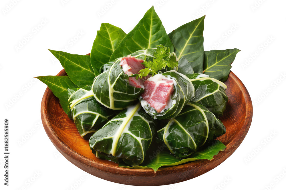 Lu Pulu corned beef cooked in coconut milk in taro leaves in wooden ...