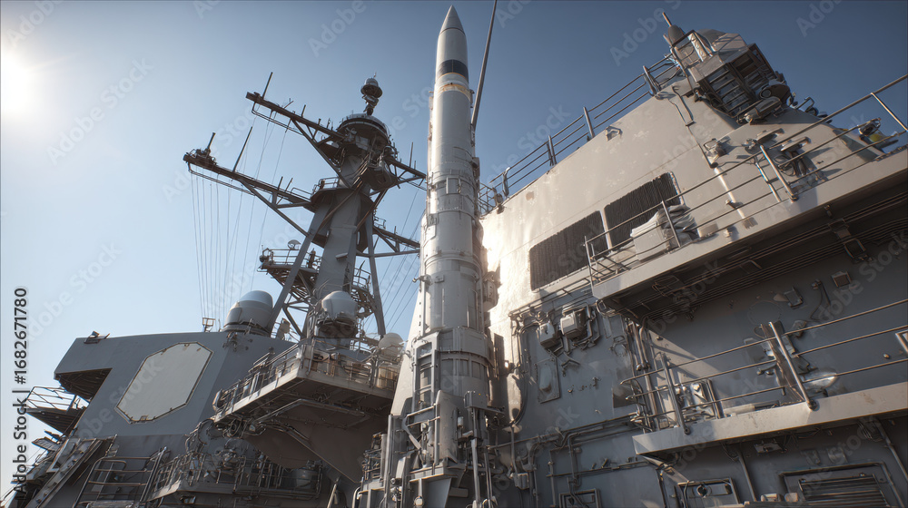 Naval warship missile launcher installation under bright sunlight with ...