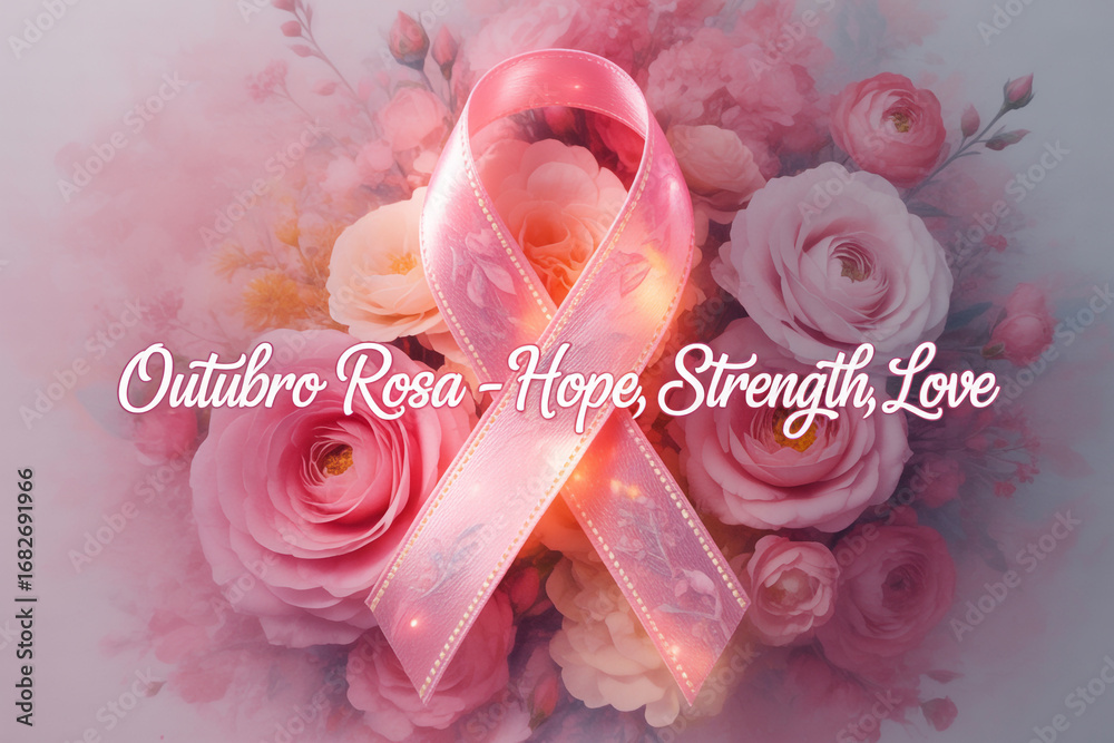 Pink ribbon symbol of Breast Cancer Awareness Month, with flowers and ...