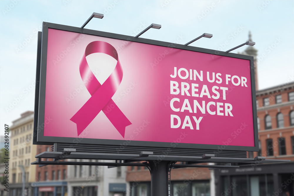 Billboard with pink ribbon and text promoting Breast Cancer Day on ...