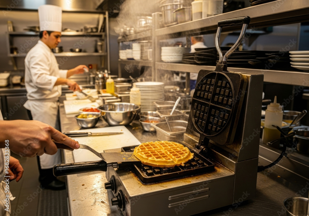 Chef preparing a golden brown waffle on a commercial waffle maker in a ...