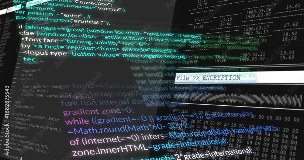 Displaying screen showing code snippets, HTML tags, hex overlay on ...