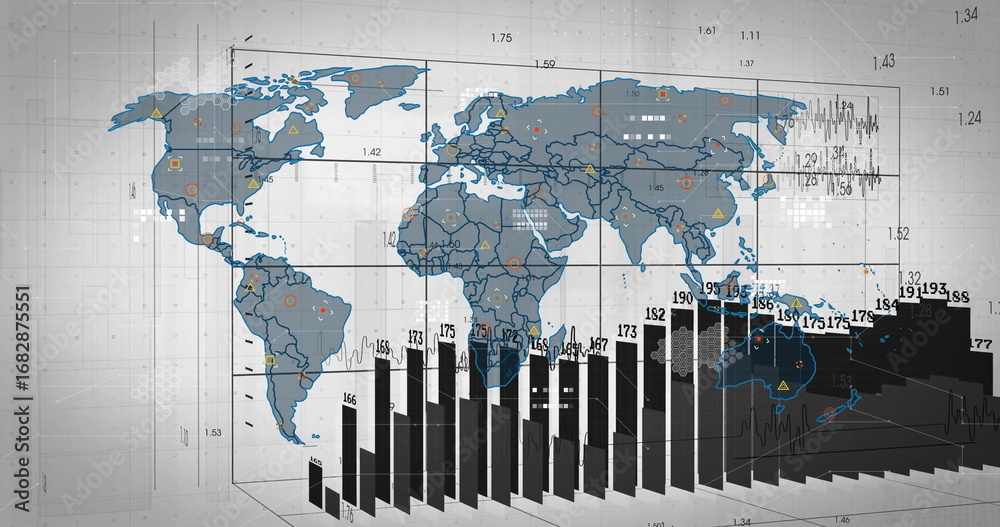 Displaying 3D chart overlaying world map with bar charts on perspective grid, showing data icons ...